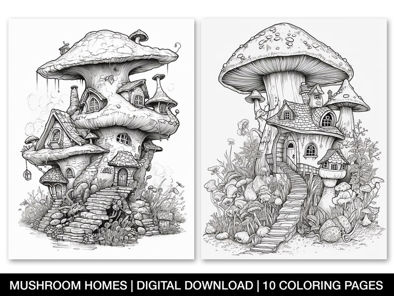 Magical Fairy Mushroom House Coloring Pages for Adults - Etsy