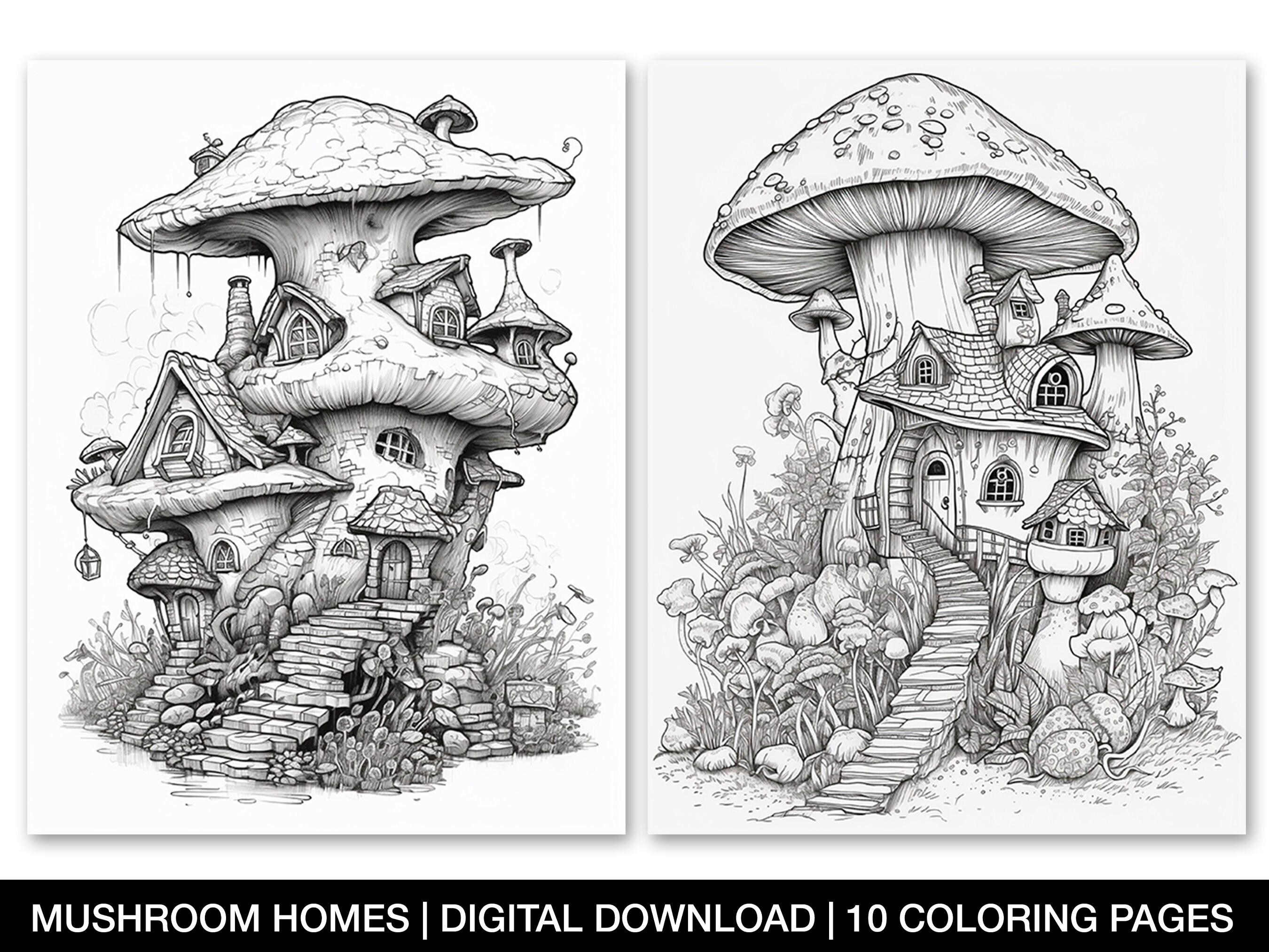 Magical Fairy Mushroom House Coloring Pages for Adults, Printable ...