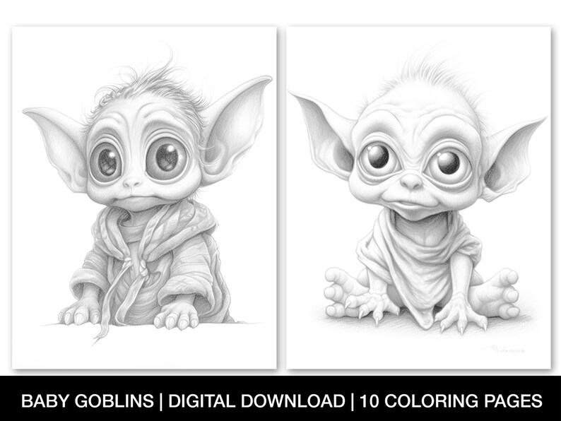 Cute Baby Goblins Coloring Pages for Adults - 10 Printable Grayscale ...