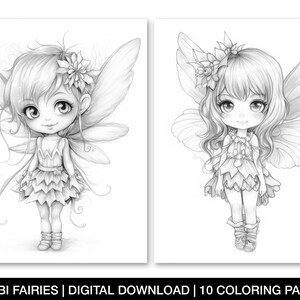Cute Chibi Fairies Coloring Page for Adults, Printable Kawaii Chibi ...