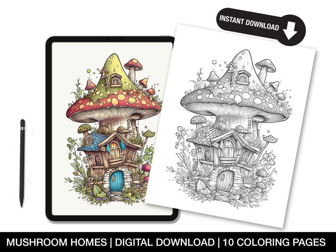 Magical Fairy Mushroom House Coloring Pages for Adults, Printable ...