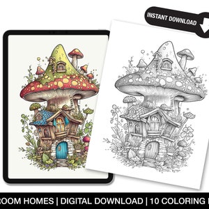 Magical Fairy Mushroom House Coloring Pages for Adults, Printable ...