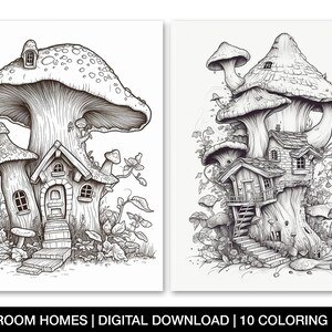 Magical Fairy Mushroom House Coloring Pages for Adults, Printable ...