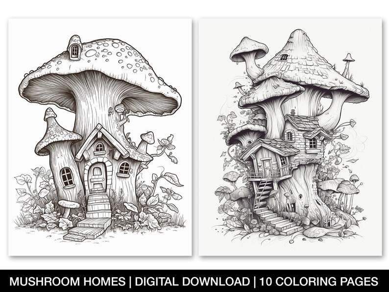 Magical Fairy Mushroom House Coloring Pages for Adults - Etsy