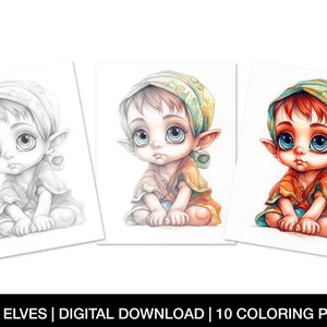 Cute Baby Elves Coloring Pages for Adults, 10 Printable Grayscale ...