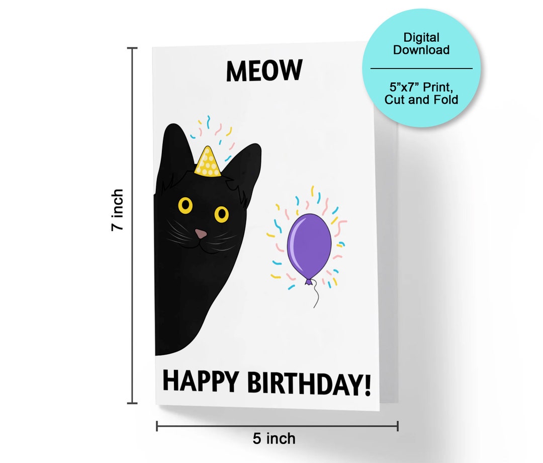Meow Happy Birthday Cat Card Funny Cat Printable Birthday Etsy
