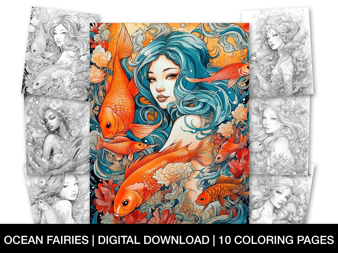 Ocean Fairy Digital Coloring Pages, Adults Colouring Books, Instant ...