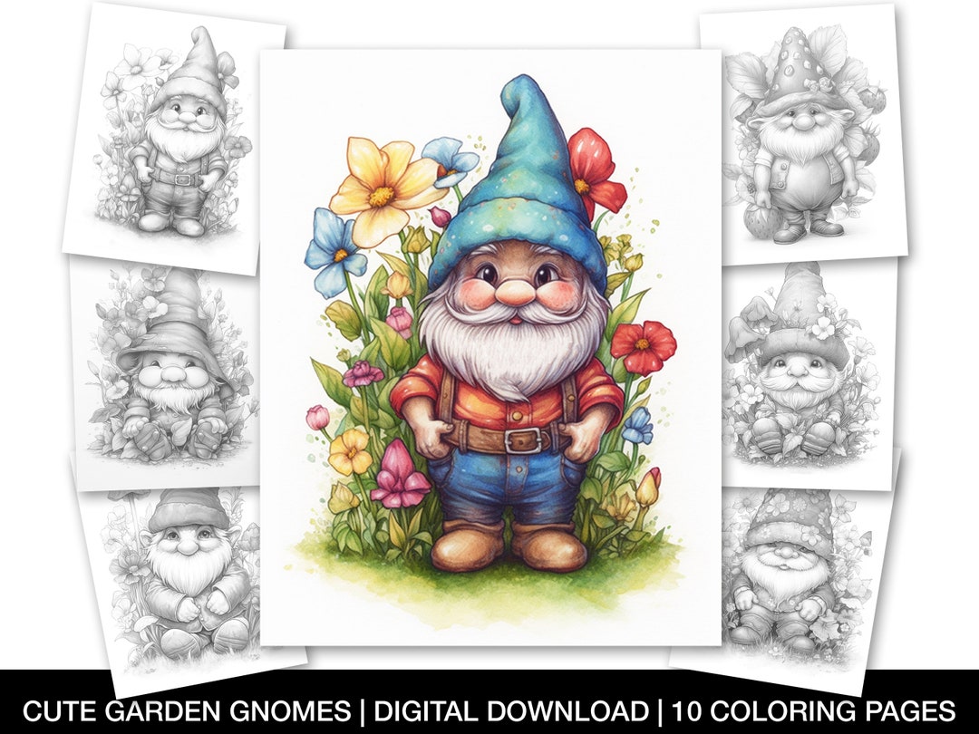 Cute Garden Gnomes Coloring Pages for Adults, Printable Magical Gnomes ...