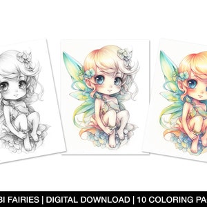 Cute Chibi Fairies Coloring Page for Adults, Printable Kawaii Chibi ...