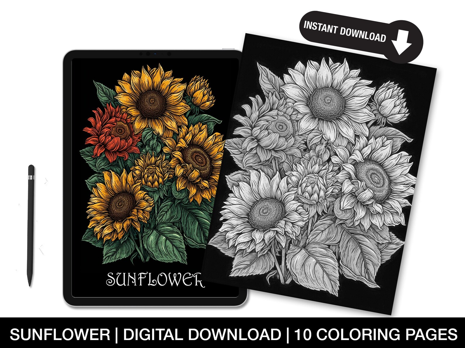 Flower Coloring Page for Adults, Printable Sunflower Coloring Sheets ...