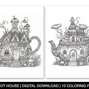Enchanted Fairy Teapot House Coloring Pages for Adults, Printable ...
