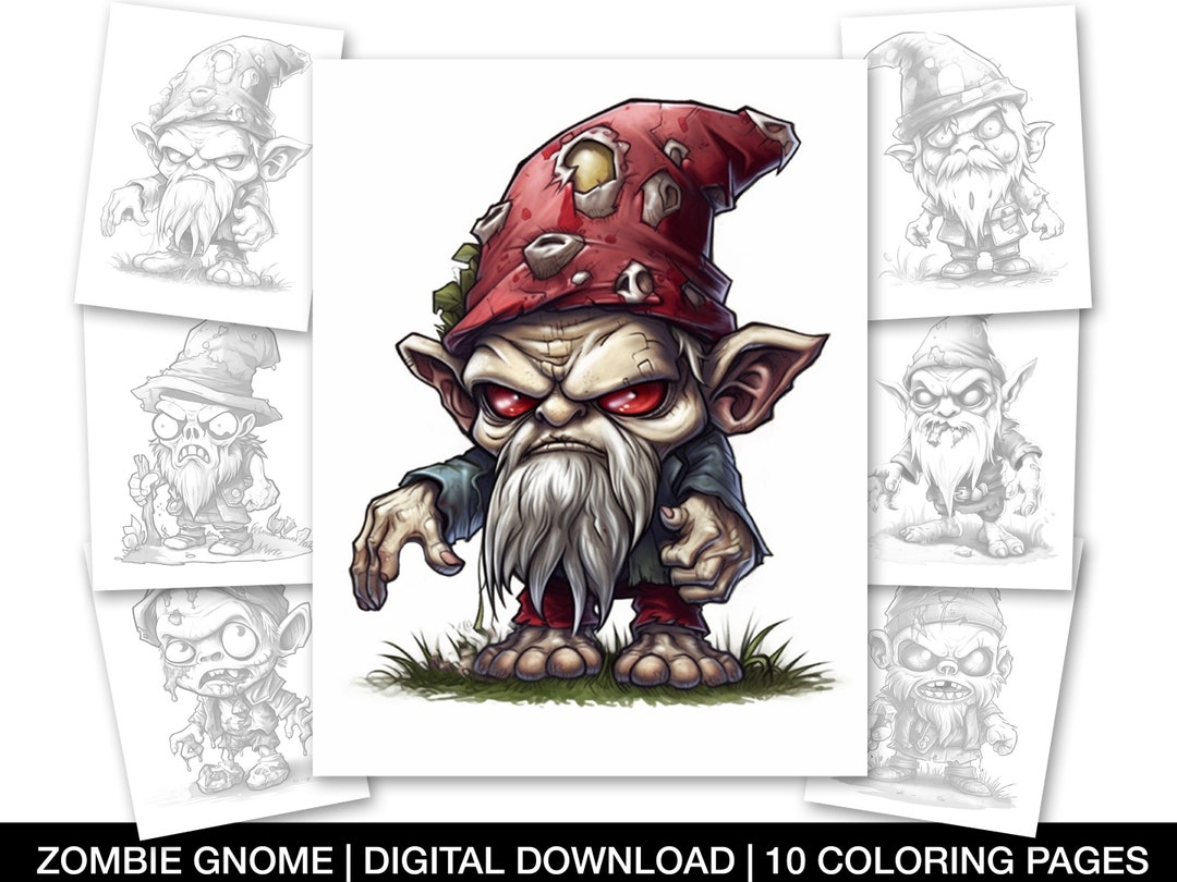 Zombie Gnome Coloring Pages for Adults, Printable Garden Gnome, Creepy ...