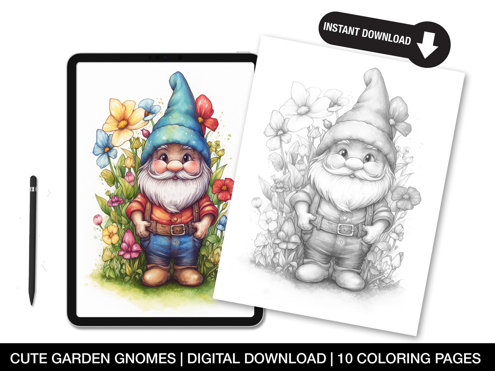 Cute Garden Gnomes Coloring Pages for Adults, Printable Magical Gnomes ...