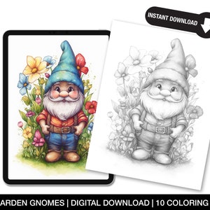 Cute Garden Gnomes Coloring Pages for Adults, Printable Magical Gnomes ...
