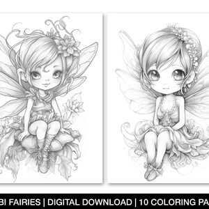 Cute Chibi Fairies Coloring Page for Adults, Printable Kawaii Chibi ...