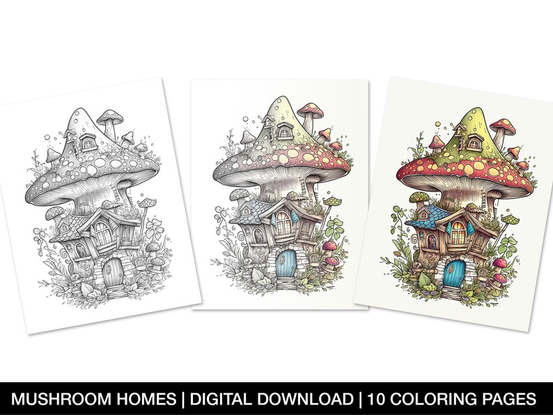 Magical Fairy Mushroom House Coloring Pages for Adults - Etsy