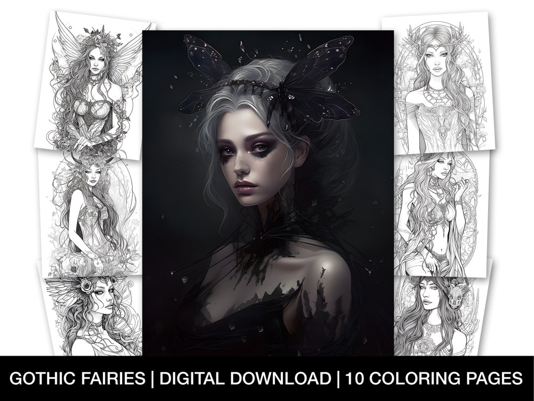 Gothic Fairy Coloring Pages for Adults – Printable Grayscale Dark ...