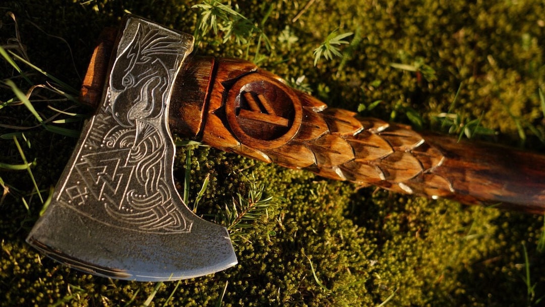 Norse Ax With Eagle Carvings, Carved Ax Handle, Viking Ax, Felling ...