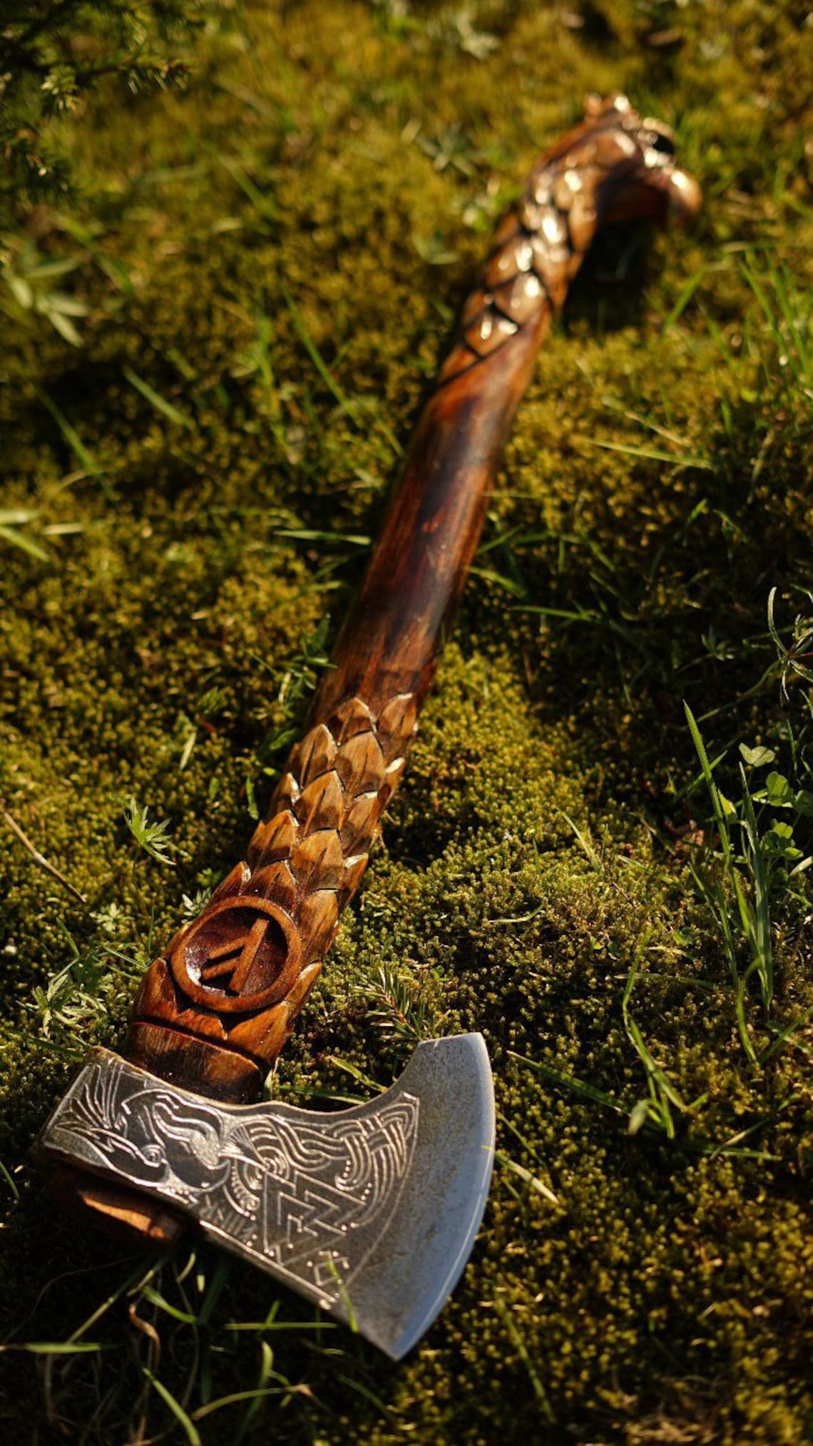 Norse axe with Eagle carvings carved axe handle viking axe | Etsy