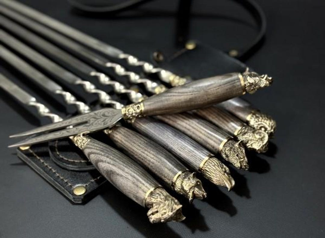 Wild Animals Ash BBQ Skewers With Fork, Handcrafted Grilling Tools ...