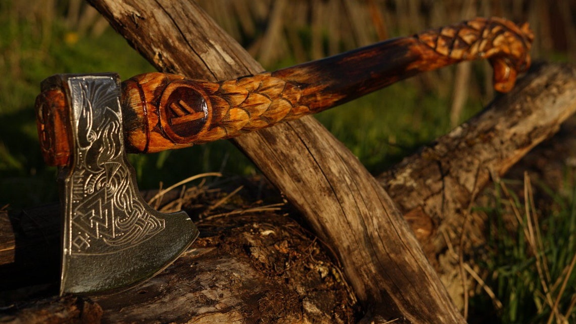 Norse axe with Eagle carvings carved axe handle viking axe | Etsy