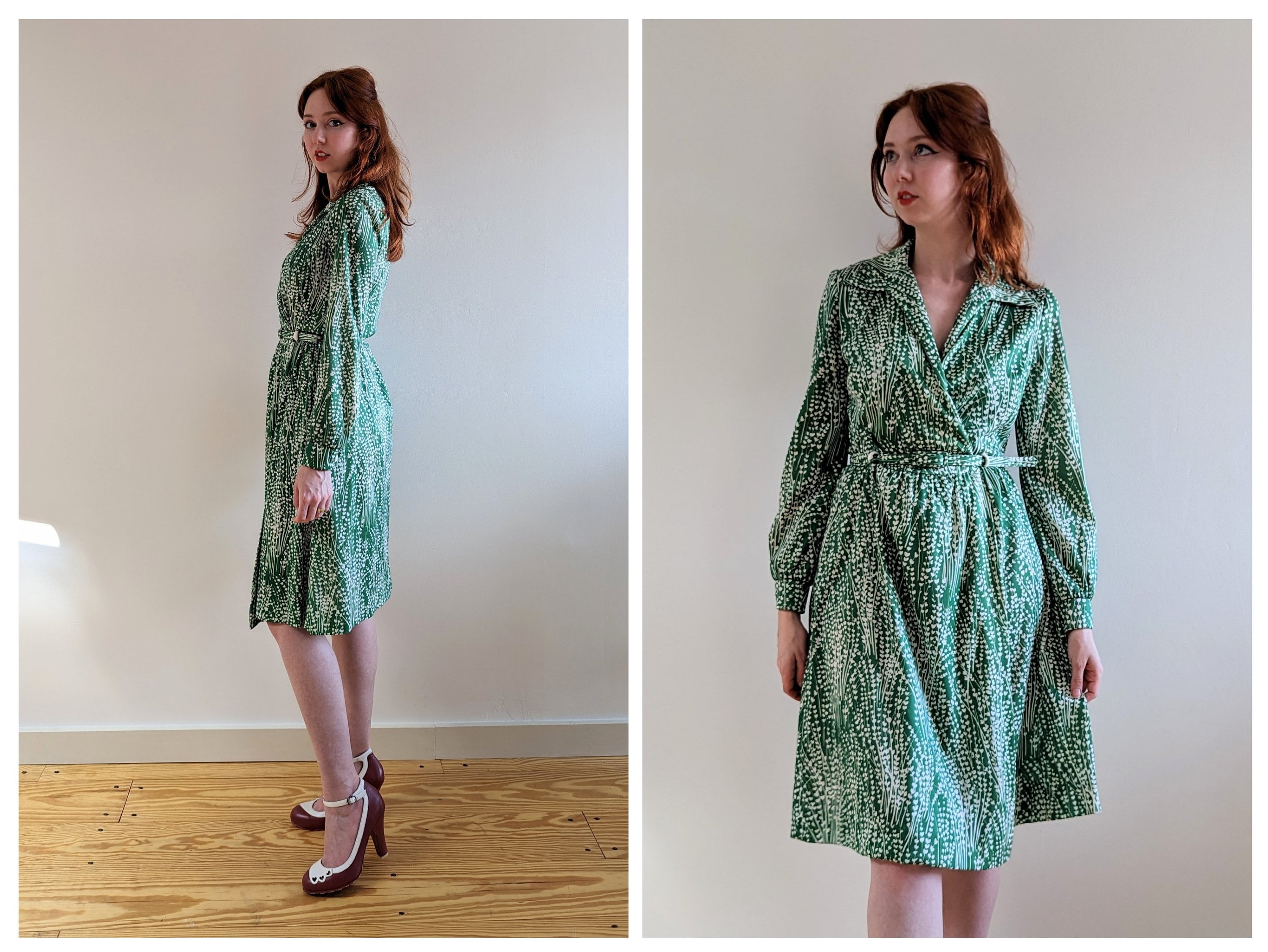 Green Grass Print 1970s Wrap Dress 70s Long Sleeve Green Dress Cross ...