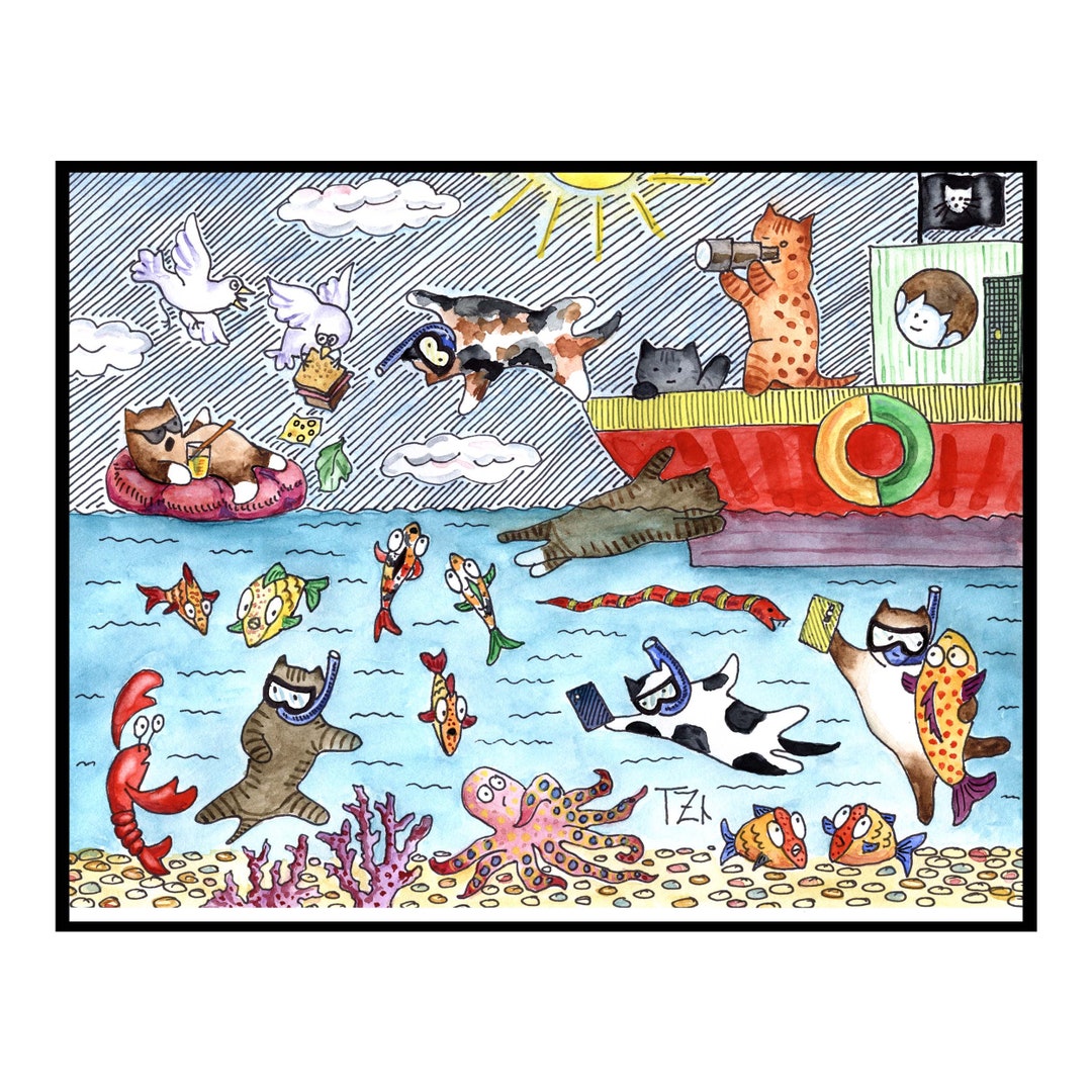 Cats Vacation Print, Cat Mom, Cartoon Cat Print, Cat Lover, Office ...