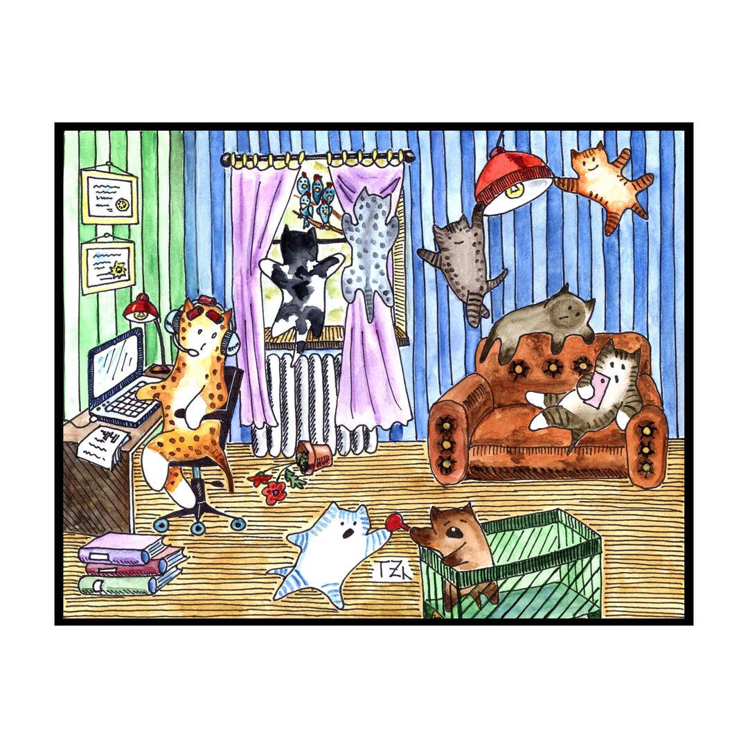 Home Office Cats Print, Cat Mom, Cartoon Cat Print, Cat Lover, Teacher ...