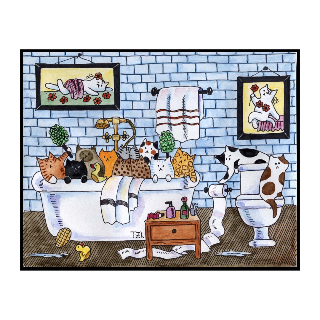 Cat Wall Print, Printable Poster, Digital Download, Cat Bathroom Print ...