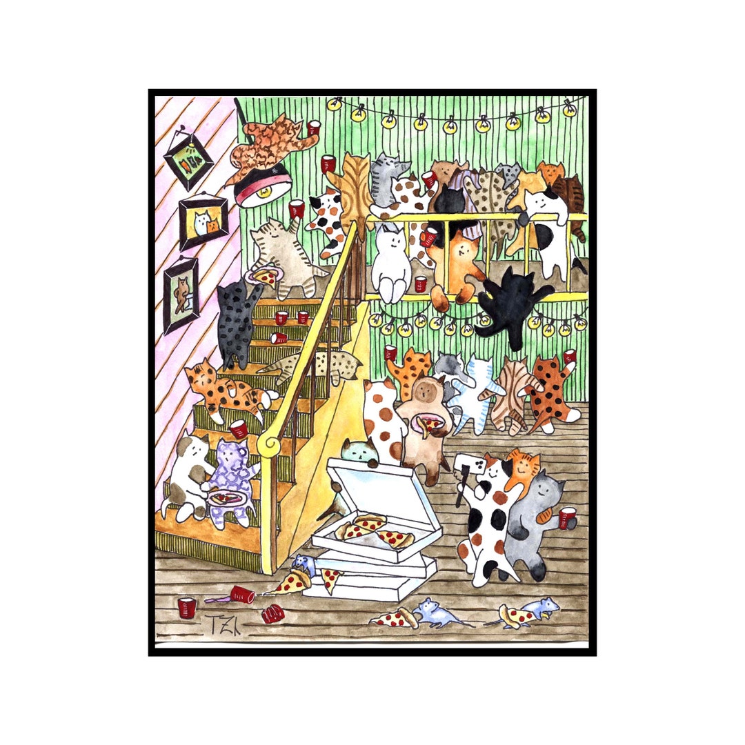 Office Cats Print, Cat Party, Cartoon Cat Print, Cat Lover, Frat Party ...