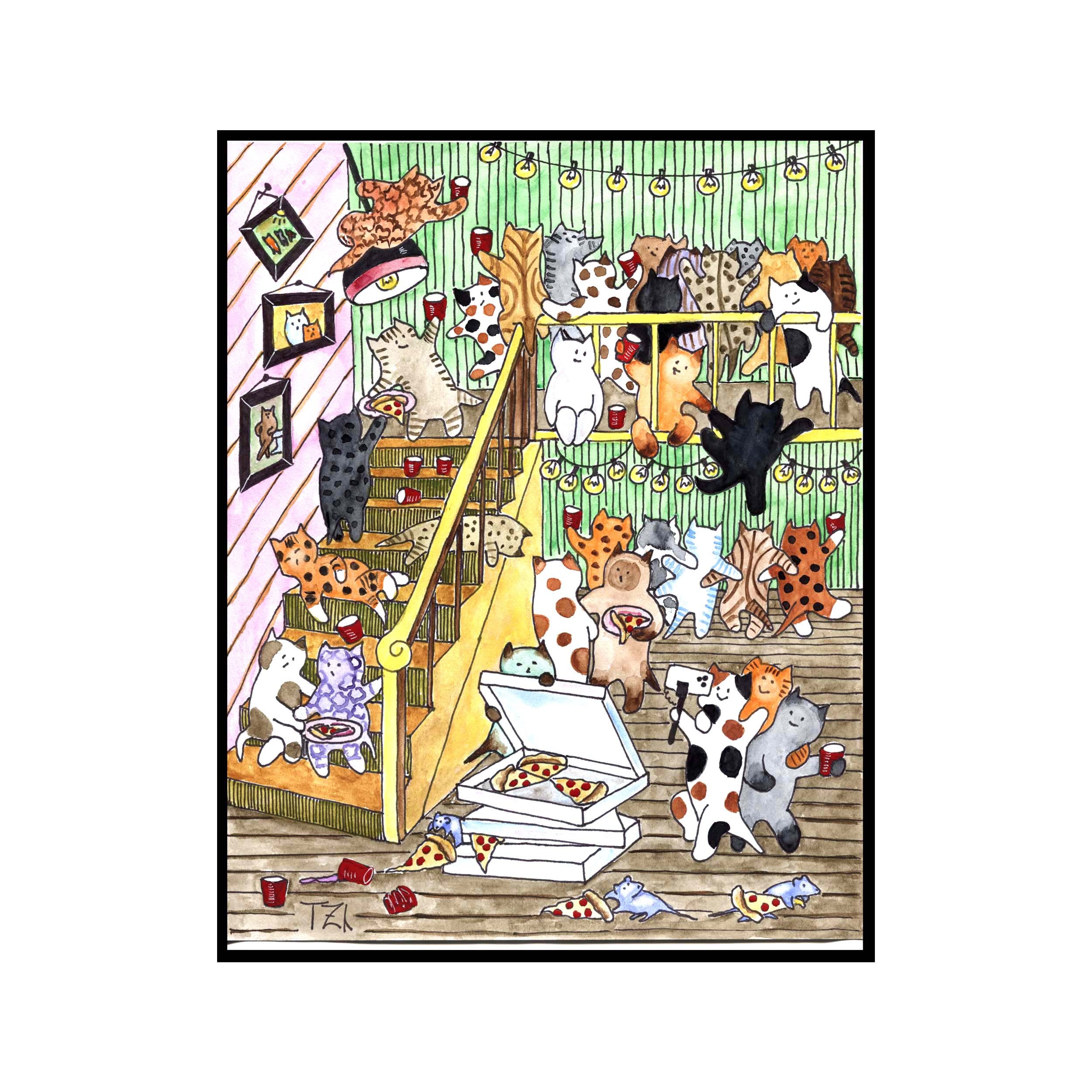 Office Cats Print, Cat Party, Cartoon Cat Print, Cat Lover, Frat Party ...