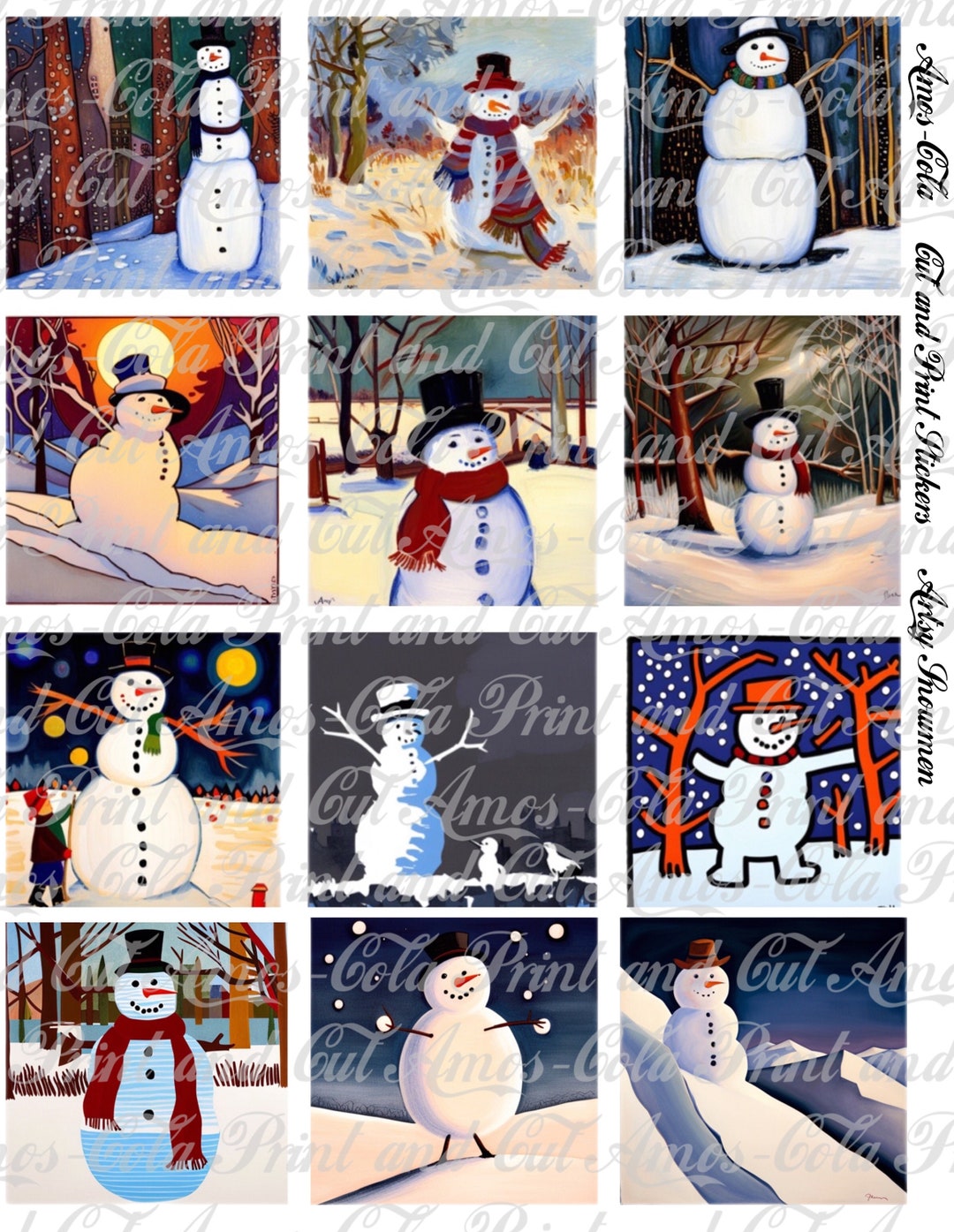Print and Cut Stickers: Artsy Snowmen Winter Snowy Digital Sticker ...