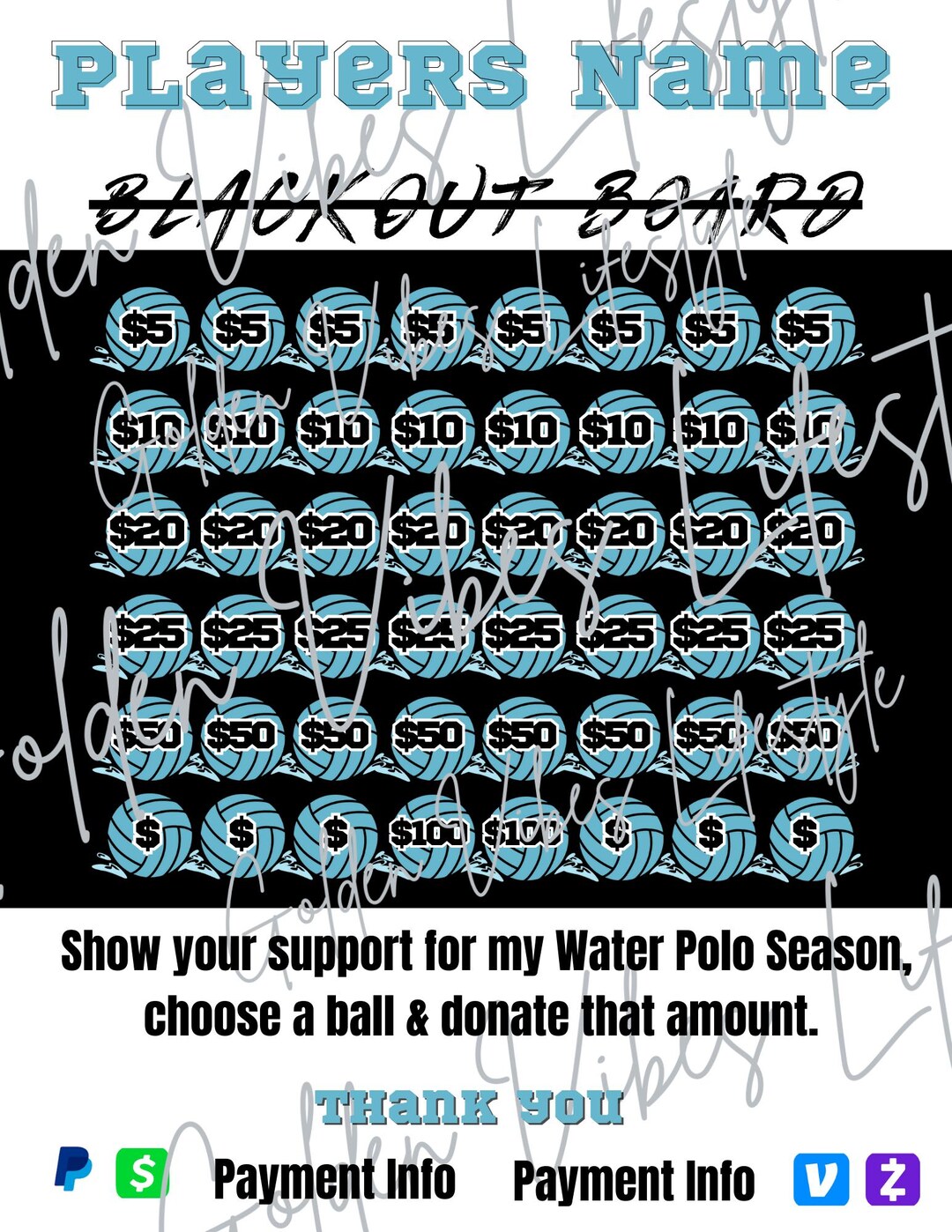 Water Polo Blackout Board Fundraiser | Editable Canva Template ...