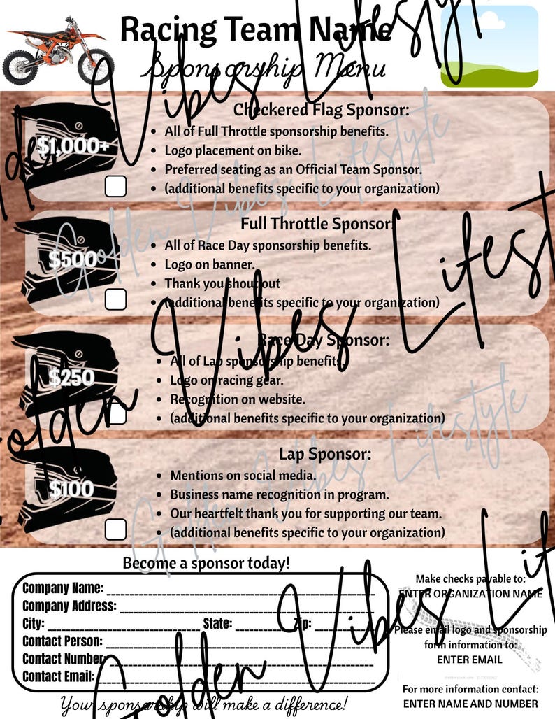 Racing Sponsorship Menu Form | Editable Canva Template | Digital ...