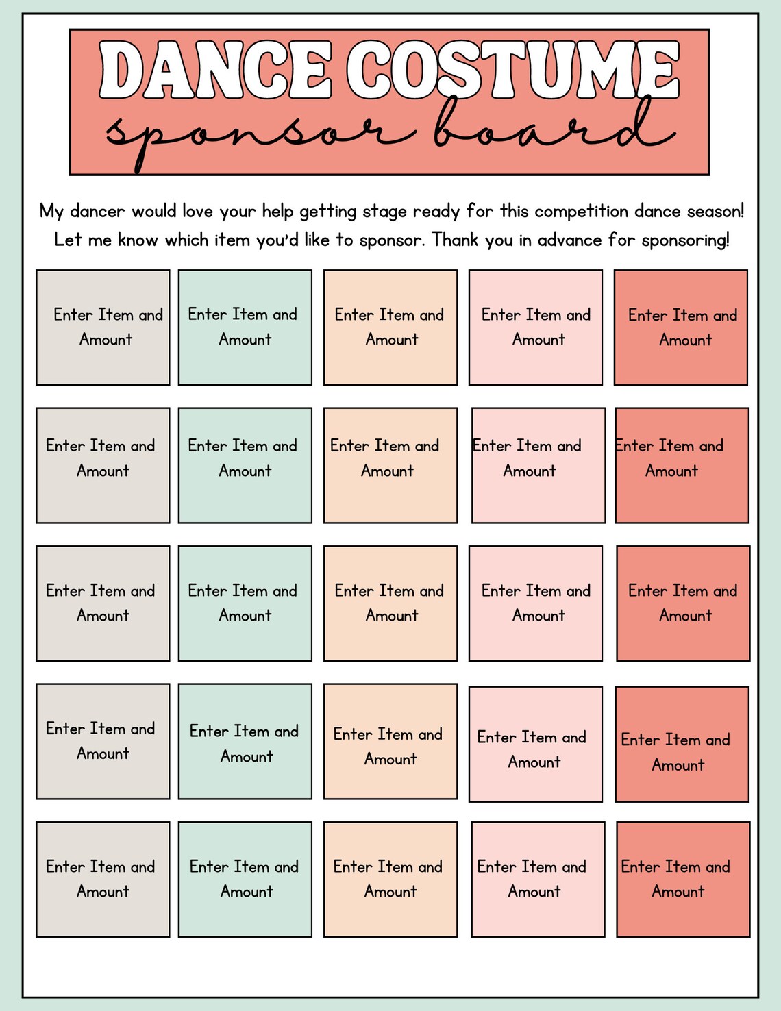 Costume Sponsor Board, Dance Fundraiser, Editable Canva Template ...