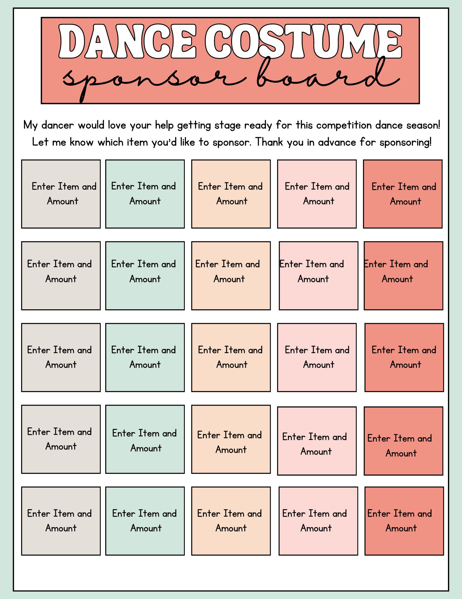 Costume Sponsor Board, Dance Fundraiser, Editable Canva Template ...