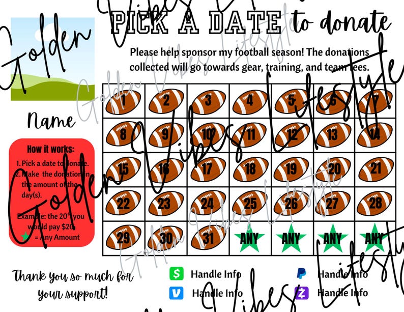 Football Fundraiser Calendar | Pick a Date to Donate | Editable Canva ...