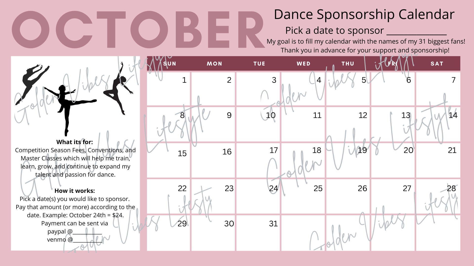 Calendar Fundraiser, Dance Fundraiser, Editable Canva Template ...