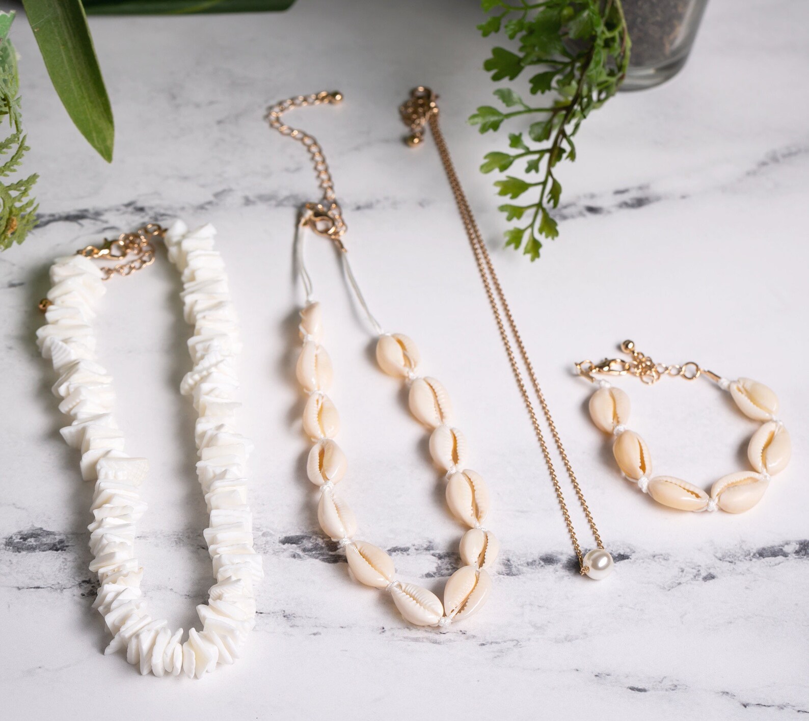 Set of 4, Puka Shell Necklace, Cowrie Shell Necklace, Gold Pearl ...