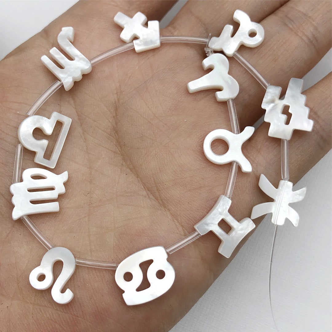 1 Set of Twelve Zodiac Signs Small Beads, Mother of Pearl Beads,approx ...