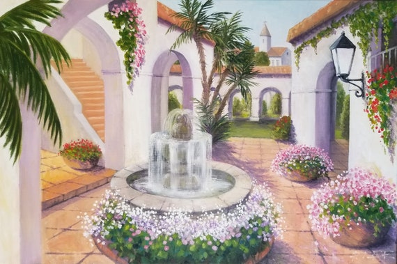 Spanish Style Garden Courtyard Painting Original Large Oil - Etsy