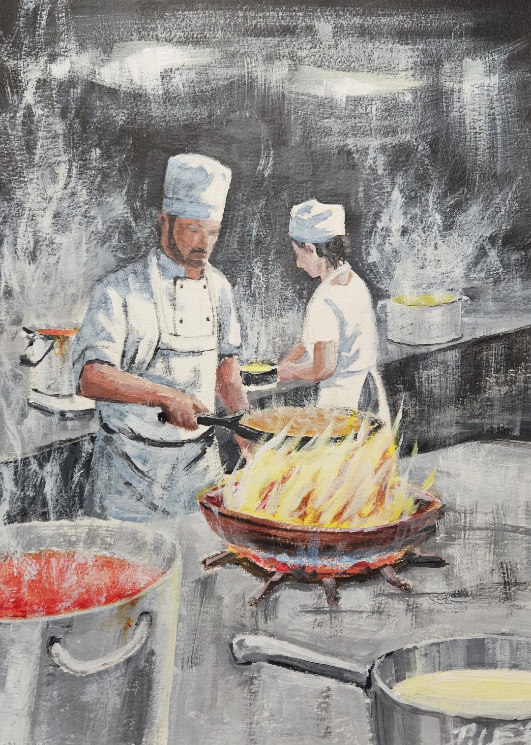Chef Painting, Acrylic on Paper 12" X 9" - Title: "fire Cooking Chef ...