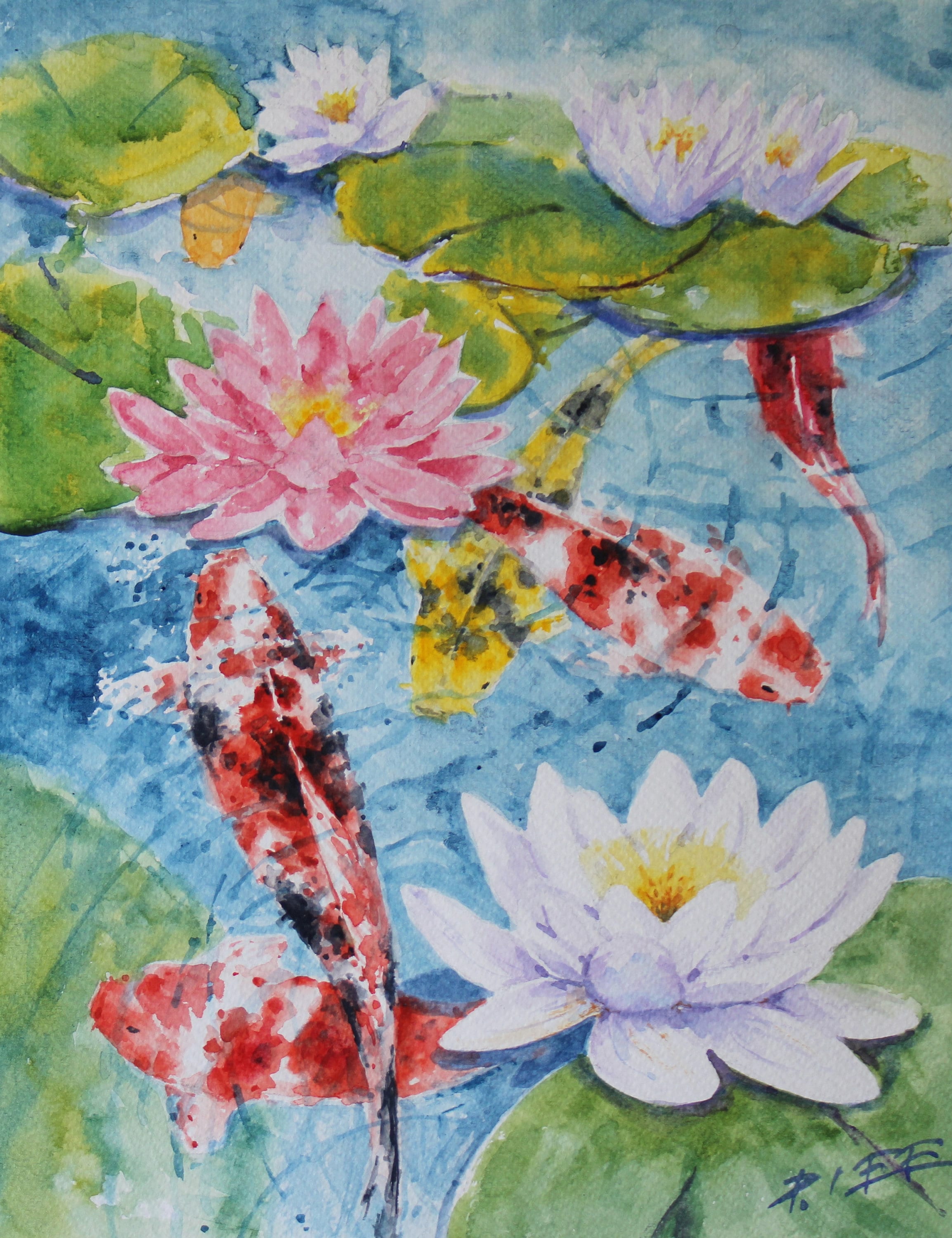 Koi Fish Painting, Original Watercolor 14" X 11" - Title: "joyful Koi" Nature Painting by Artist ...