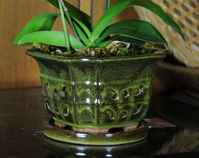 Handmade Square Ceramic Orchid Pot With Attached Saucer and Drainage ...