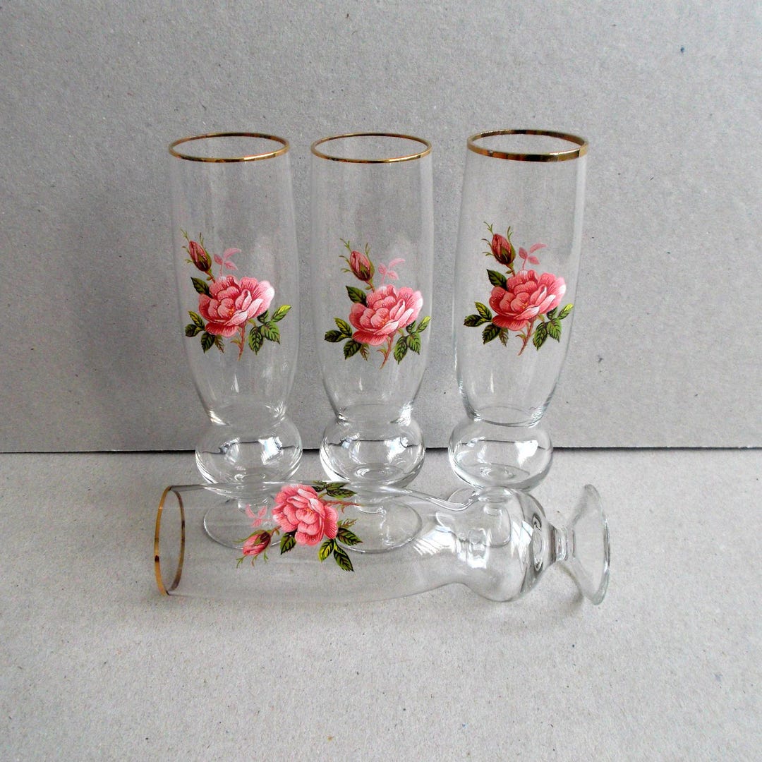 Set of 4 Glasses on the Leg With Roses Pattern. Vintage Soviet Glasses ...