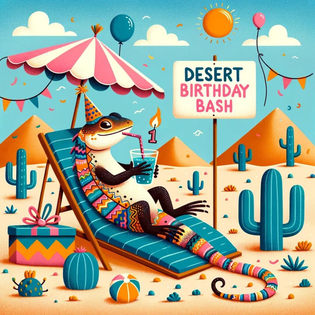 Desert Birthday Bash Digital Print, Colorful Lizard Celebrating ...