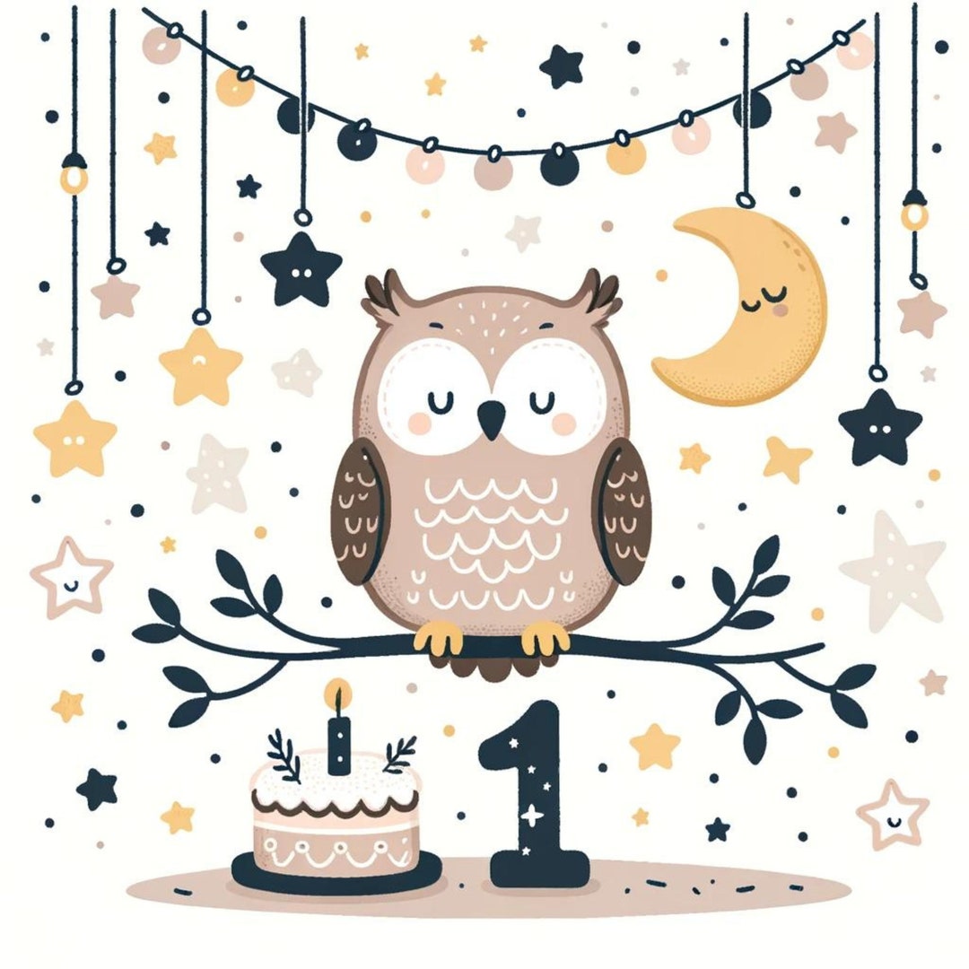 Owl First Birthday Party Digital Print, Cute Owl on Branch With Stars ...