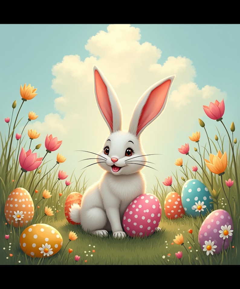 Cute Easter Bunny With Colorful Eggs Spring Flowers Digital Download ...