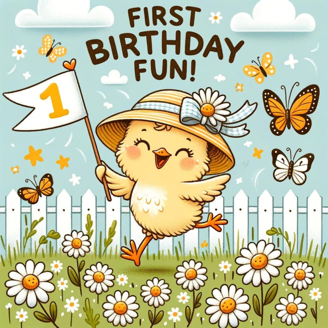 First Birthday Fun Digital Art, Cute Chick With Flag, Colorful ...