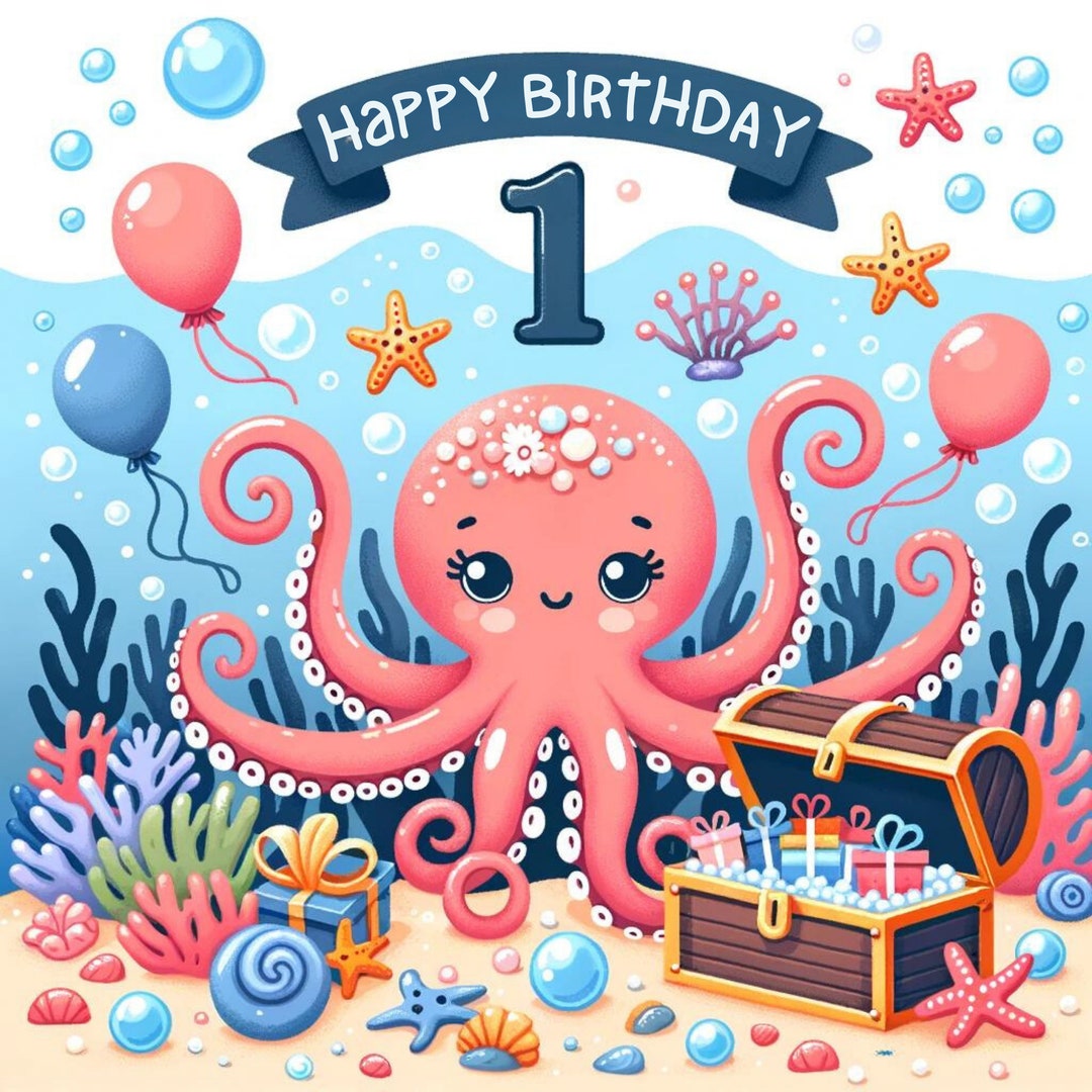 Cute Octopus First Birthday Digital Print, Pink Ocean Theme Party ...
